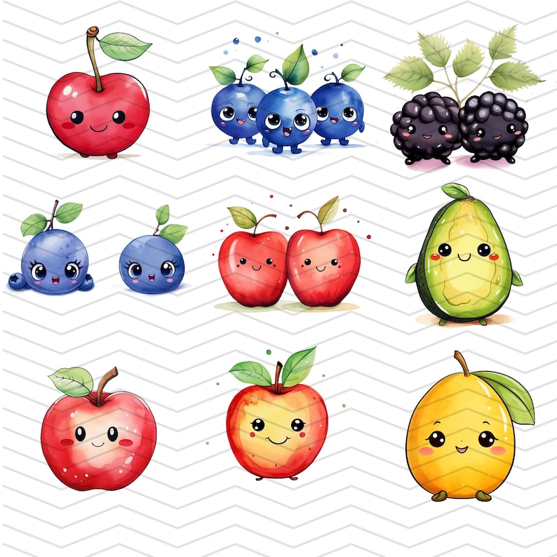 Watercolor Kawaii Fruit Clipart Kawaii Summer Fruit Clipart Instant ...
