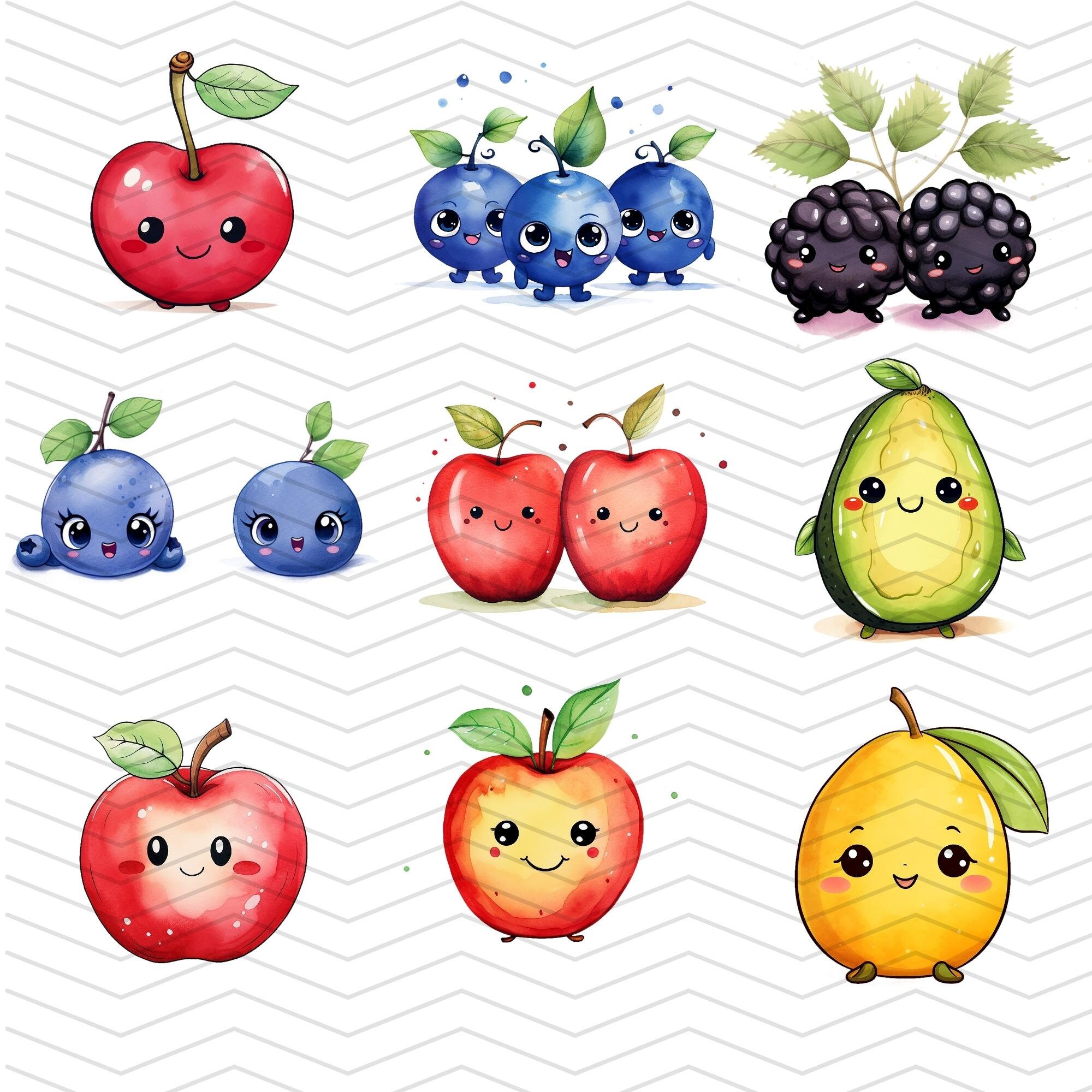 Watercolor Kawaii Fruit Clipart Kawaii Summer Fruit Clipart Instant ...