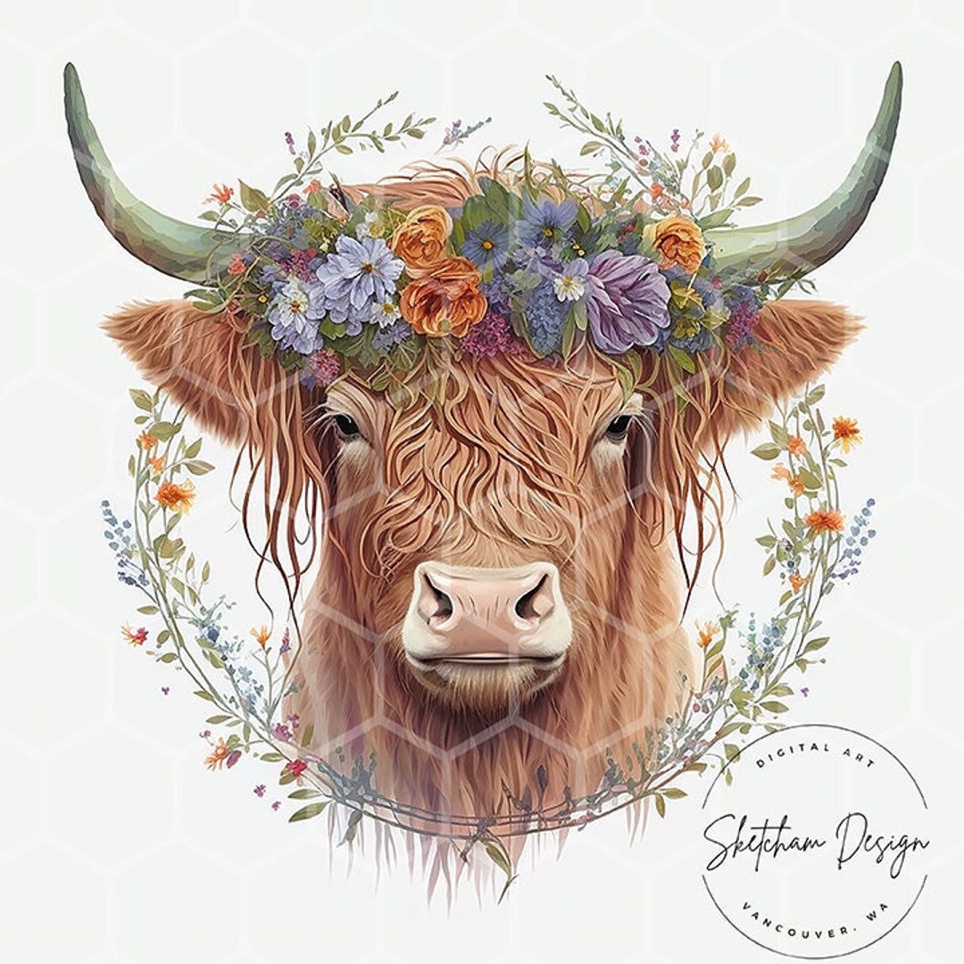 Floral Highland Cow Clip Art With Flower Cute Heifer Gift for Wife ...