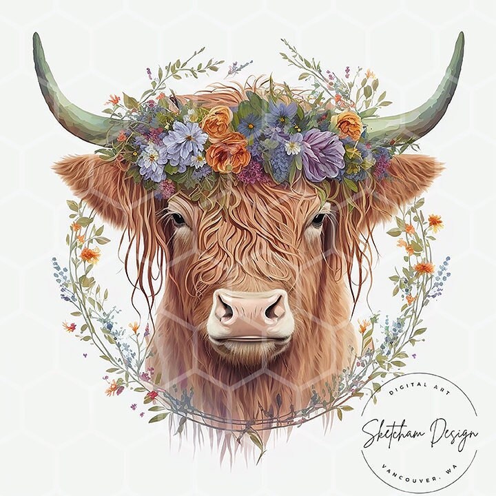 Floral Highland Cow Clip Art With Flower Cute Heifer Gift for Wife ...