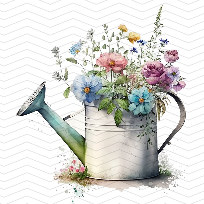 Watering Cans Clipart Watercolor Floral Gardening Clipart Wildflowers ...