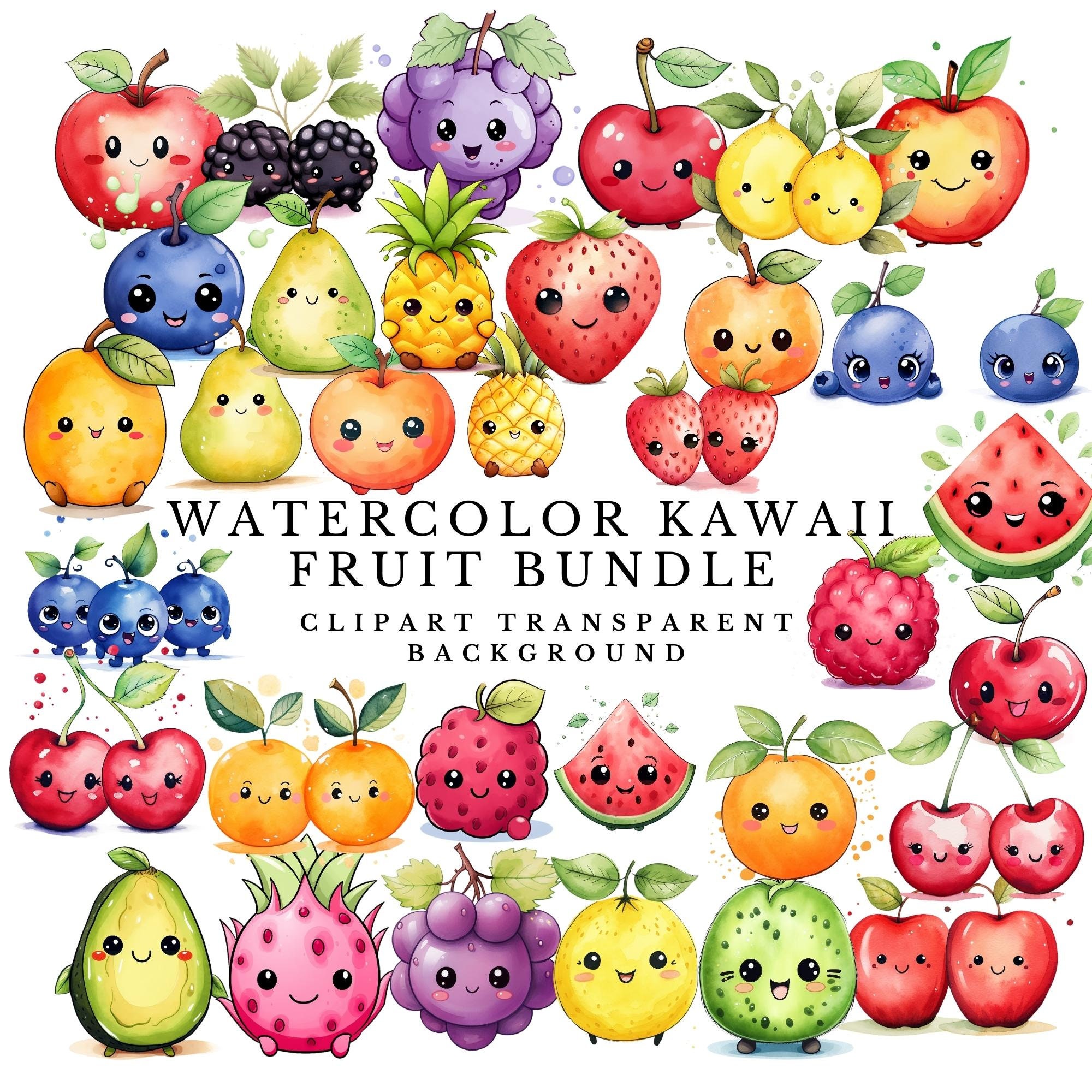 Watercolor Kawaii Fruit Clipart Kawaii Summer Fruit Clipart Instant ...