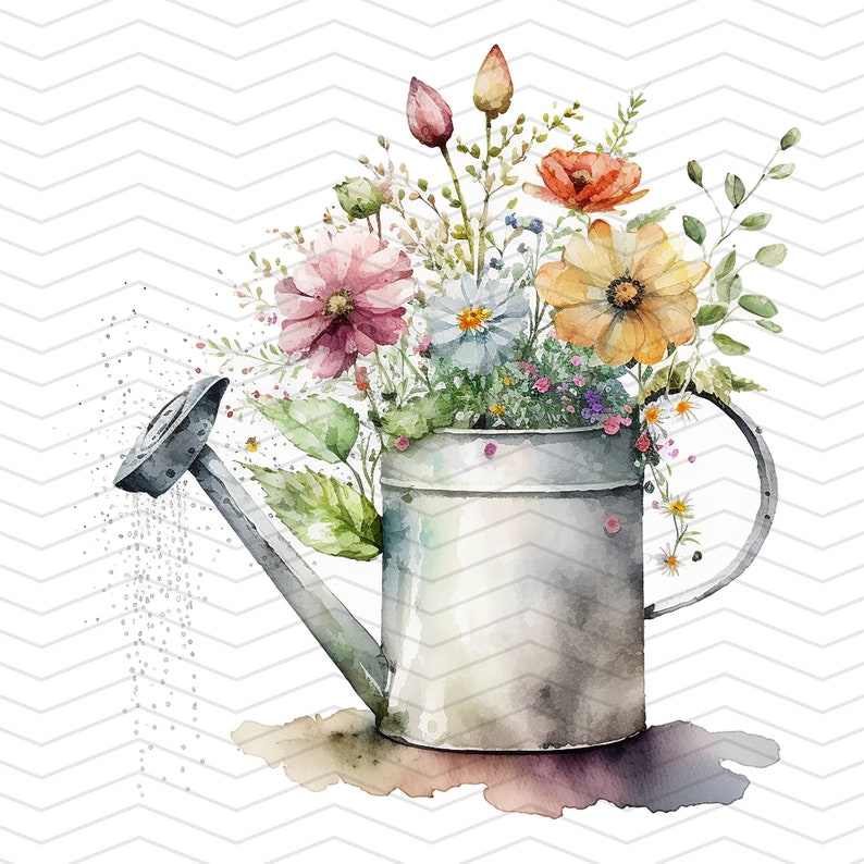 Watering Cans Clipart Watercolor Floral Gardening Clipart Wildflowers ...