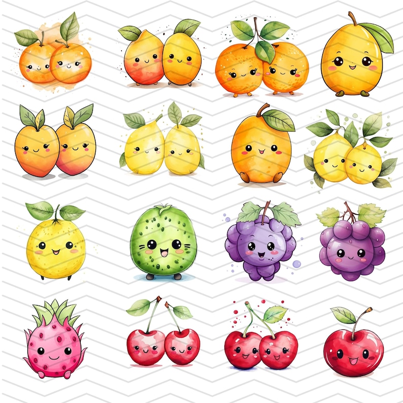 Watercolor Kawaii Fruit Clipart Kawaii Summer Fruit Clipart Instant ...