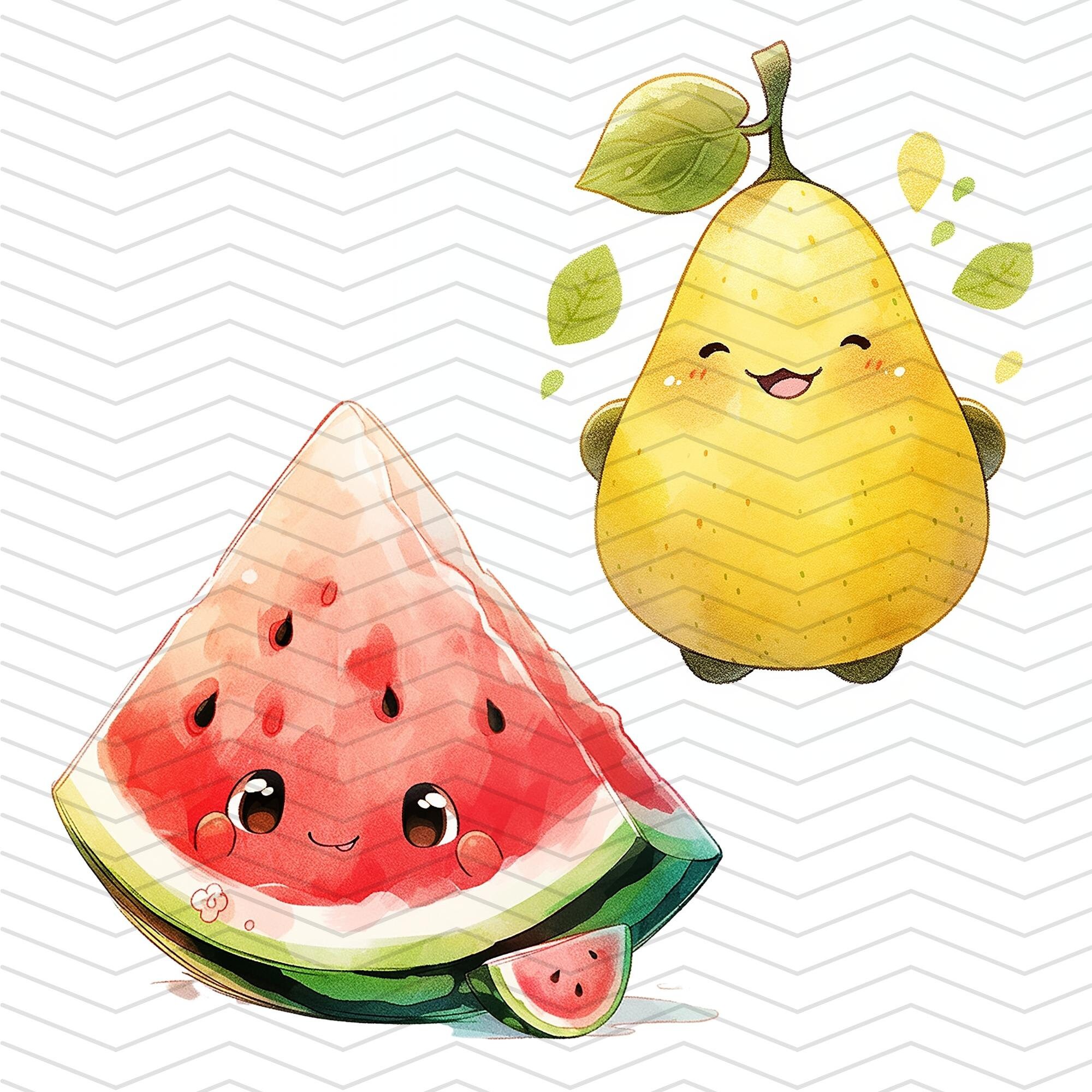 Watercolor Kawaii Fruit Clipart Kawaii Summer Fruit Clipart Instant ...