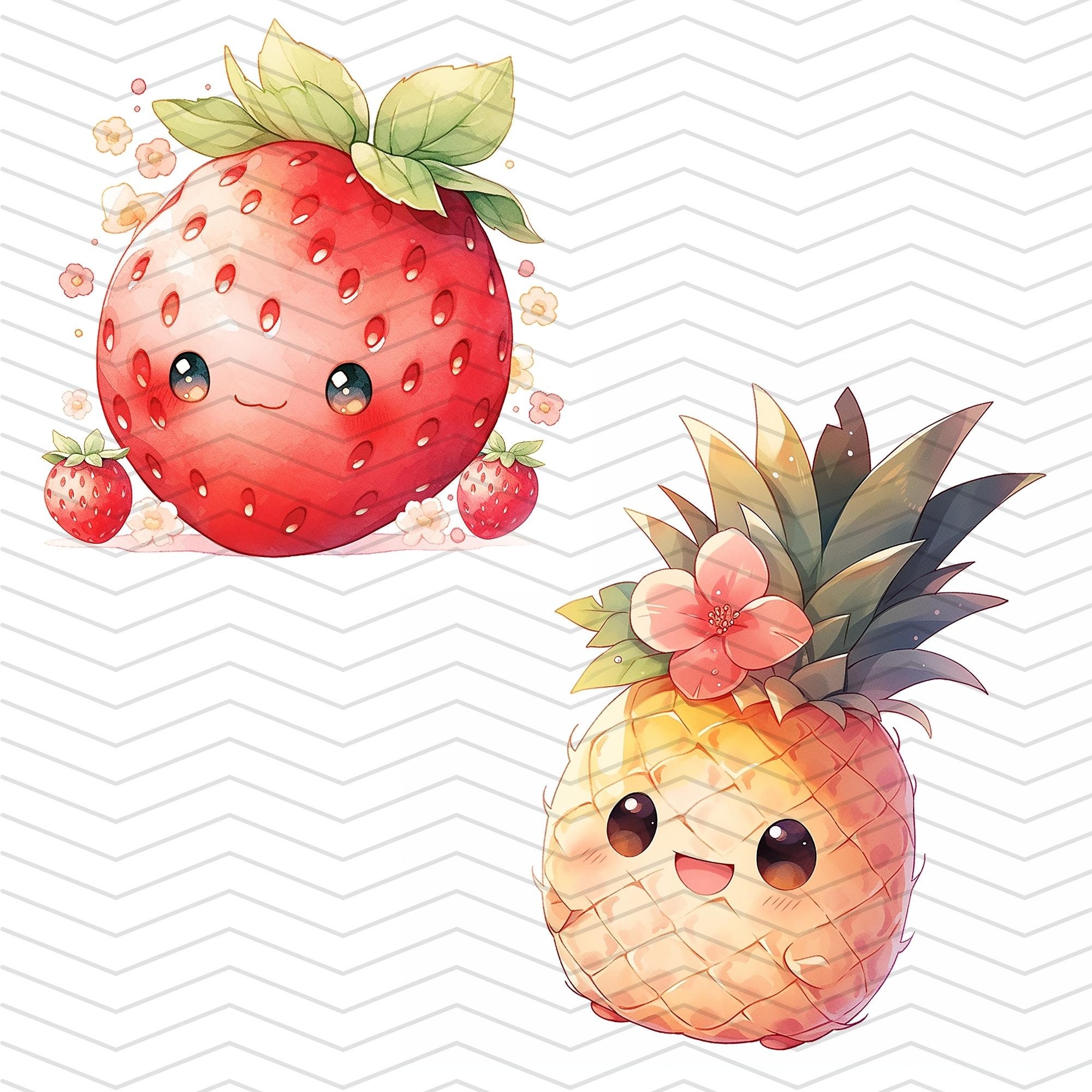 Watercolor Kawaii Fruit Clipart Kawaii Summer Fruit Clipart Instant ...