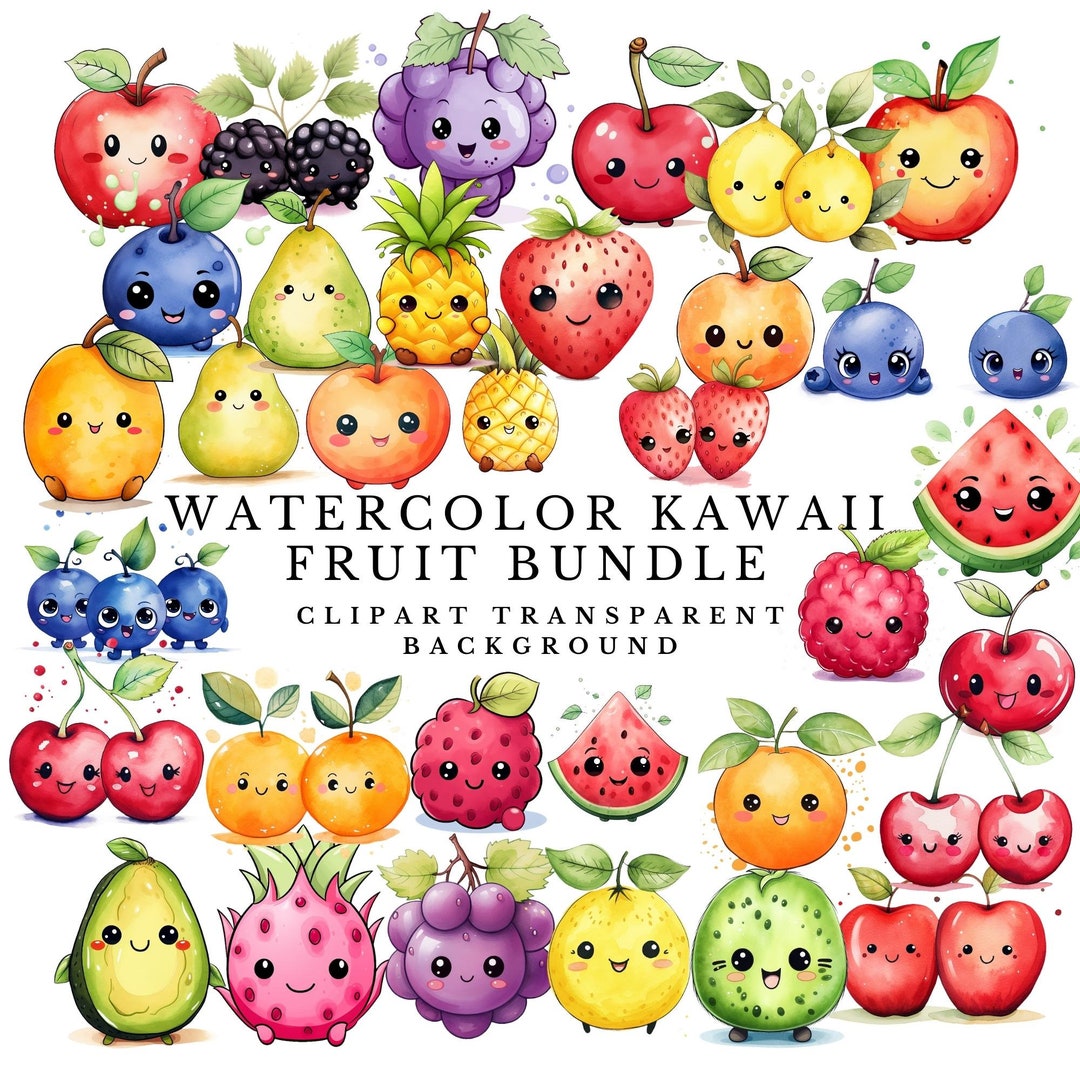 Watercolor Kawaii Fruit Clipart Kawaii Summer Fruit Clipart Instant ...