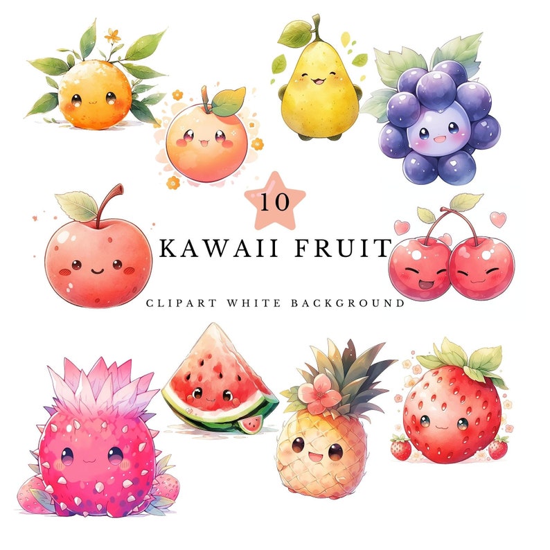Watercolor Kawaii Fruit Clipart Kawaii Summer Fruit Clipart Instant ...