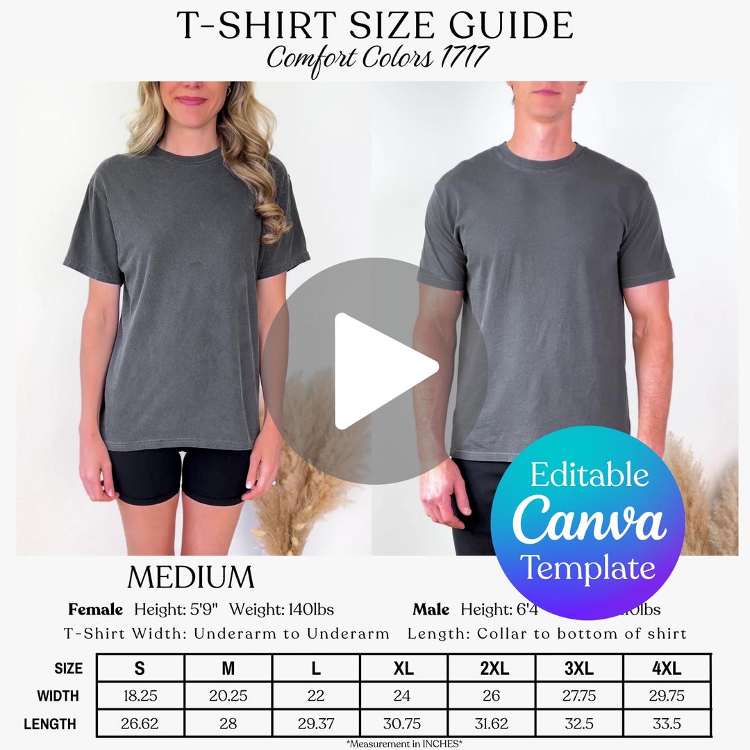 Editable Comfort Colors 1717 Video Size Chart, Comfort Colors Unisex ...