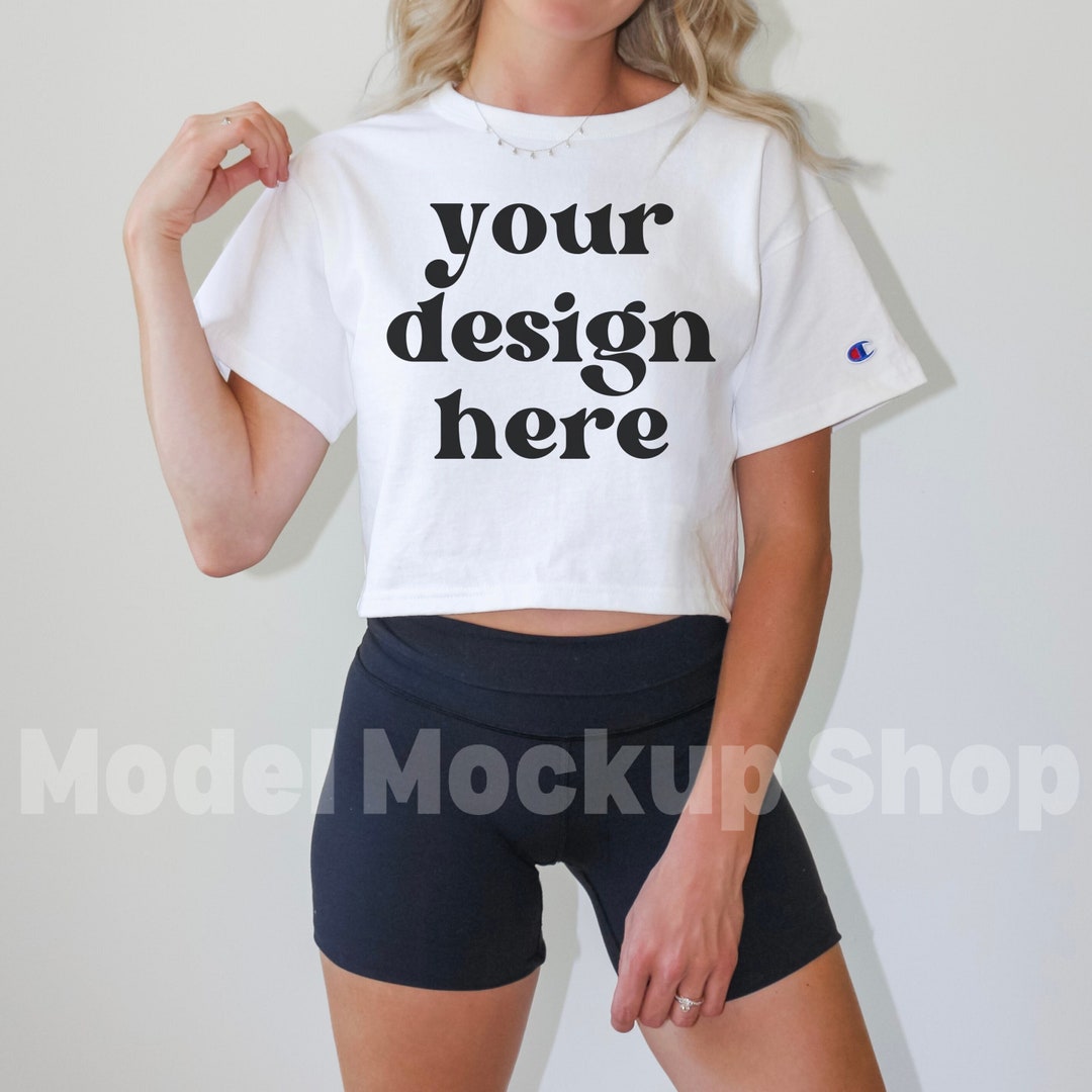 White Champion Cropped Tee Mockup Champion T453W Crop Top Mockup White ...