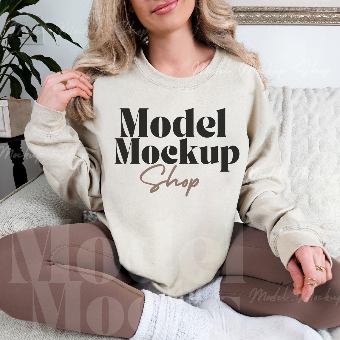 Gildan 18000 Sand Sweatshirt Mockup, Female Gildan 18000 Sweater Mockup ...