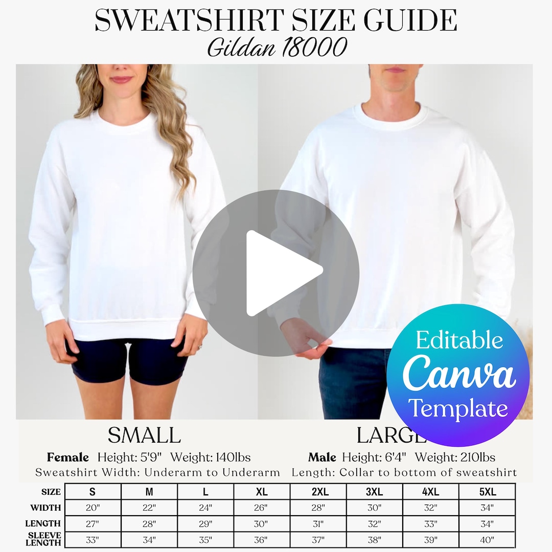 Editable Gildan 18000 Video Size Chart, G180 Sweatshirt Video Mockup ...