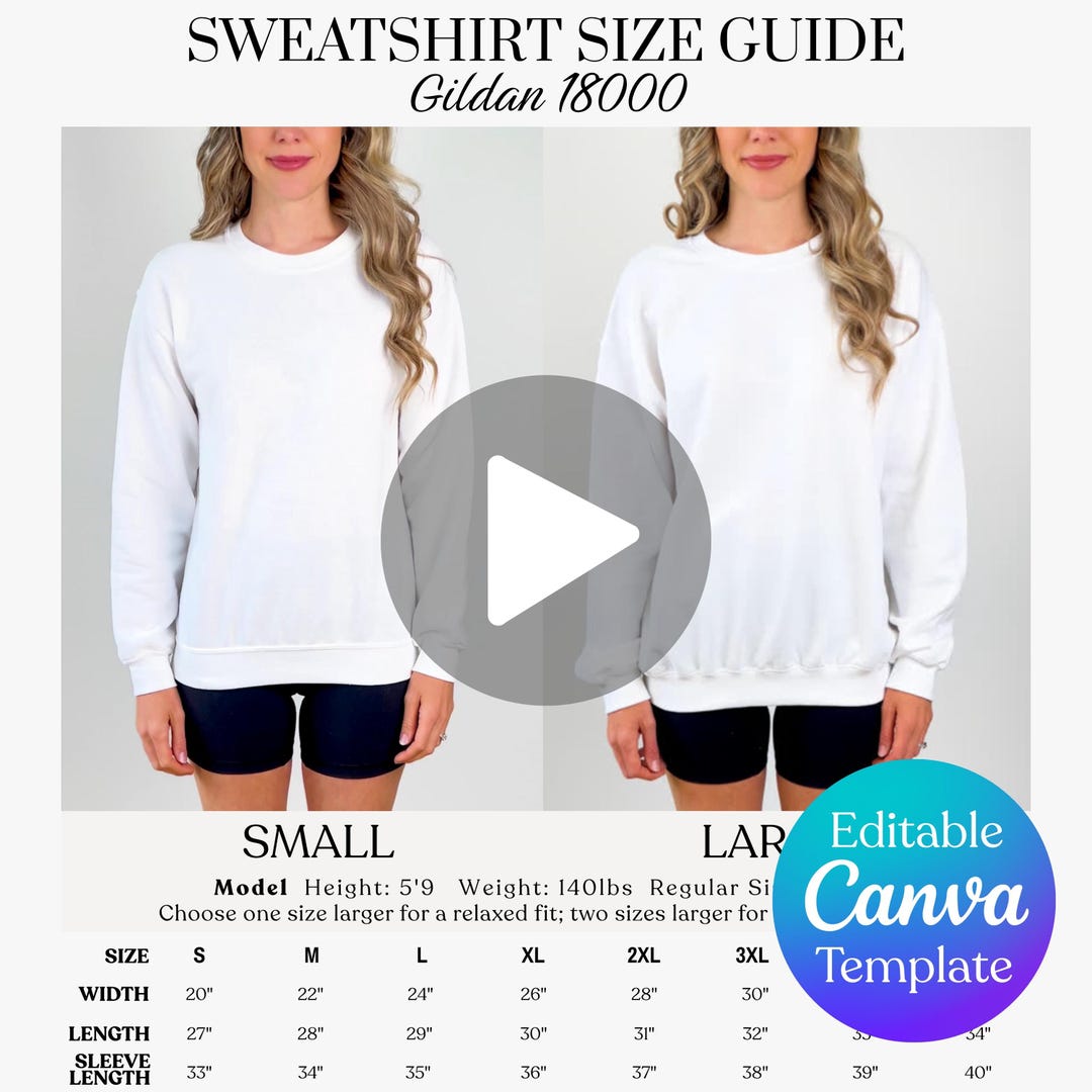 Editable Gildan 18000 Video Size Chart, Gildan Sweatshirt Video Mockup ...