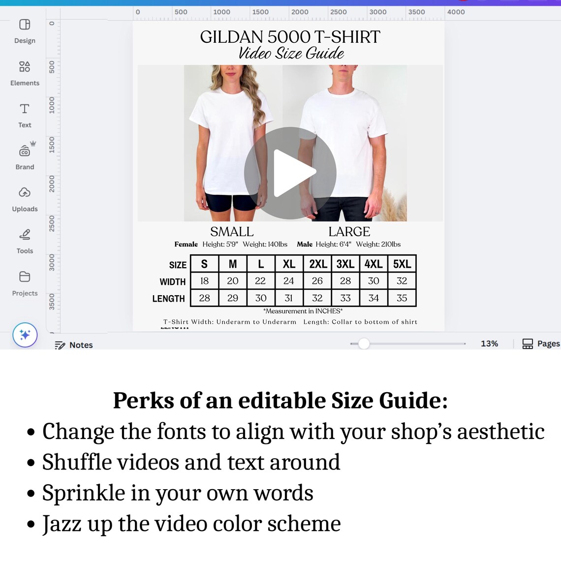 Editable Gildan 5000 Video Size Chart, Unisex G5000 Oversized Video ...