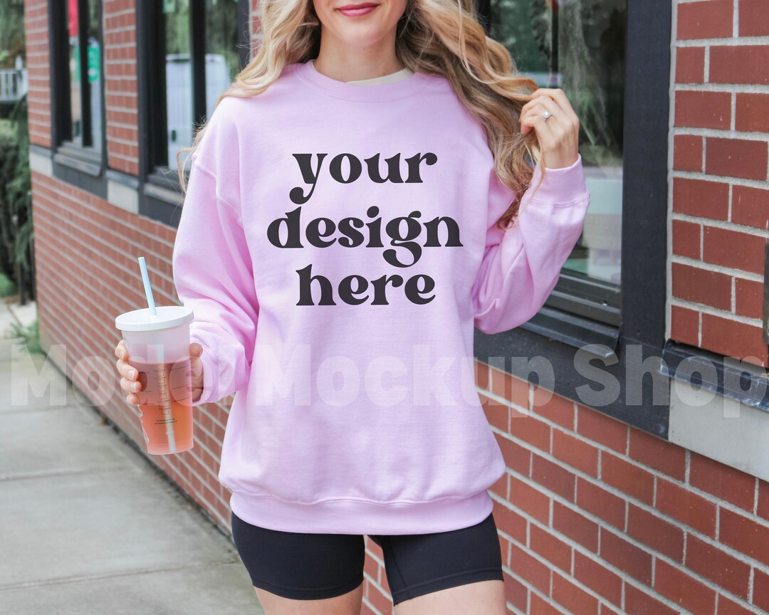 Gildan 18000 Light Pink Mockup, Sweatshirt Mockup, Model Mockups ...