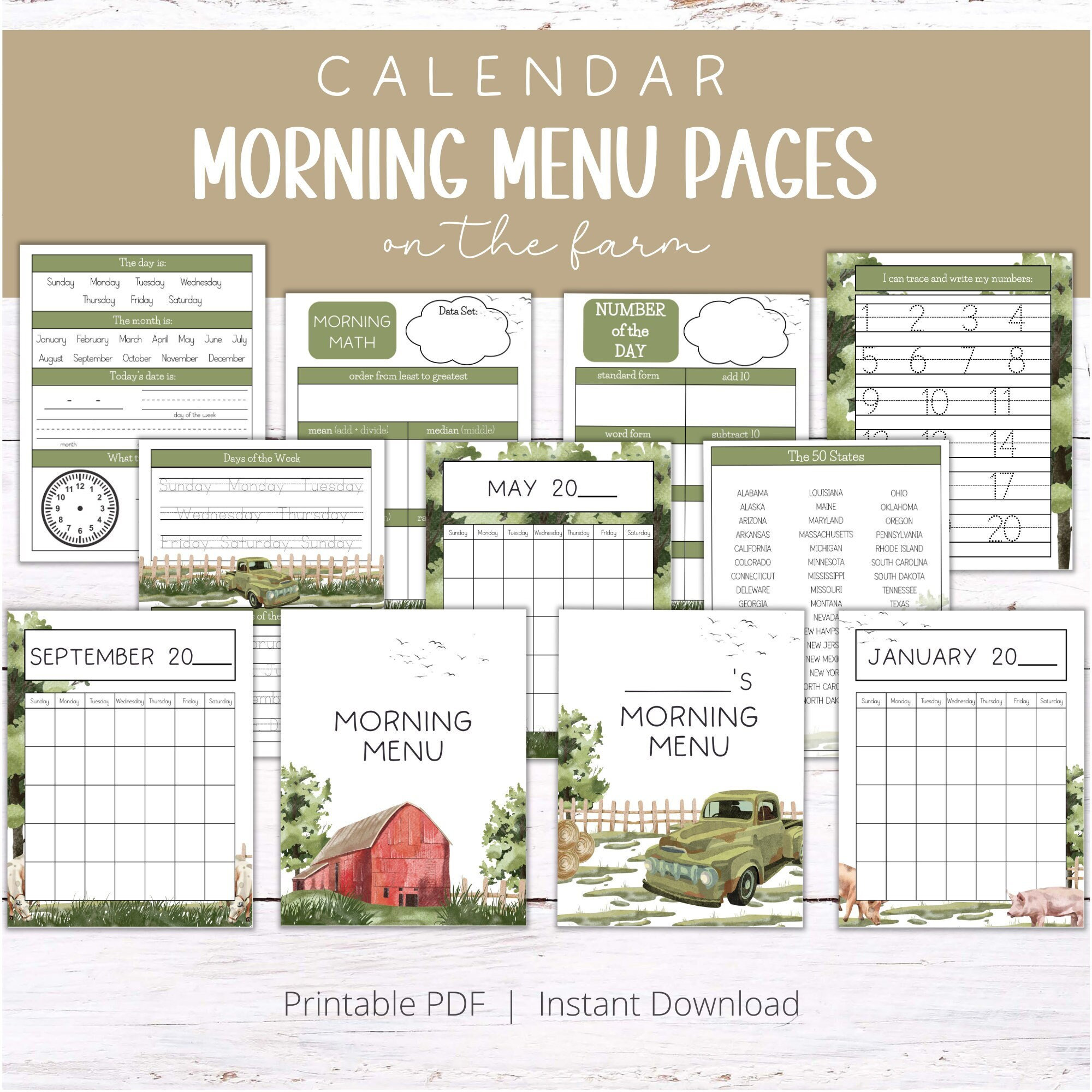 Morning Menu Pages on the Farm Calendar Pages Homeschool - Etsy