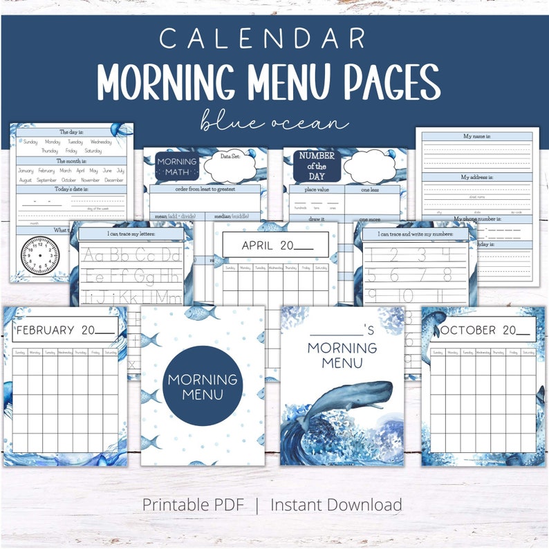 Blue Ocean Homeschool Morning Menu | Calendar Pages (PDF) - Etsy