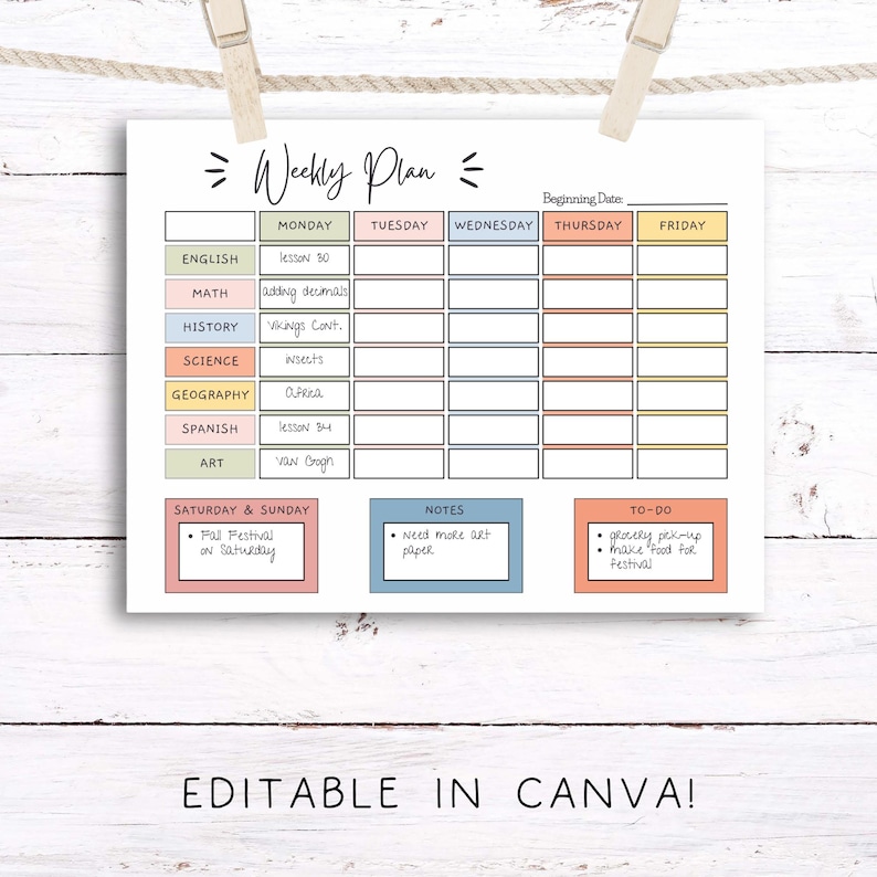 Weekly Homeschool Plan Canva Template - Bright Colors | Editable ...