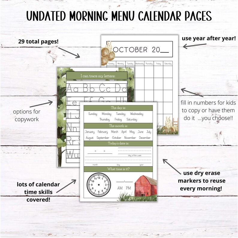 On the Farm Homeschool Morning Menu Pages – Calendar Printables - Etsy