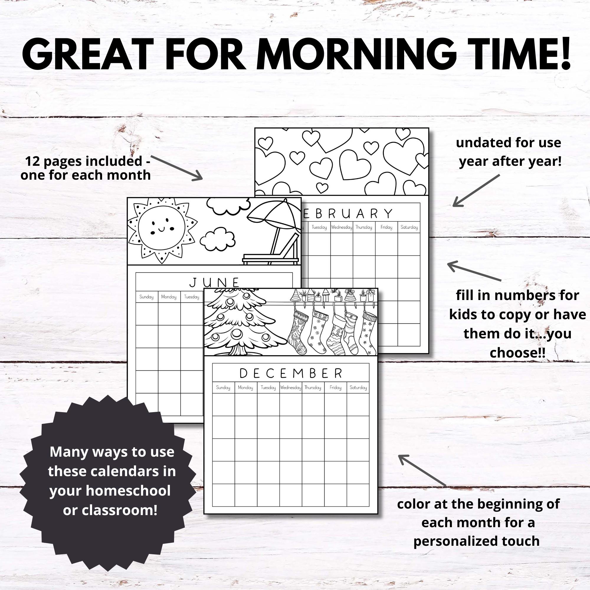 Monthly Calendar Set | Coloring Calendar | Homeschool Morning Menu ...