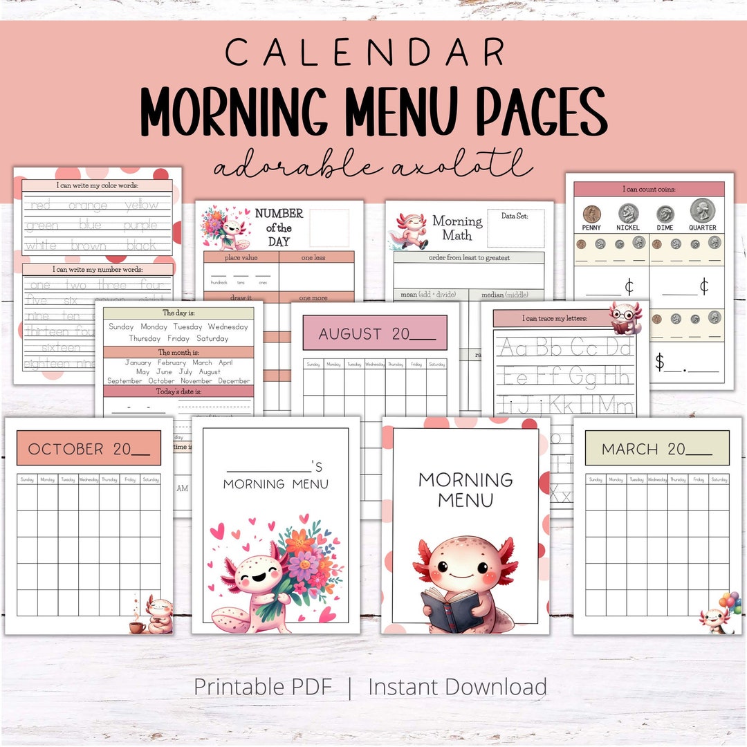 Axolotl Homeschool Morning Menu Pages | Calendar (PDF) - Etsy