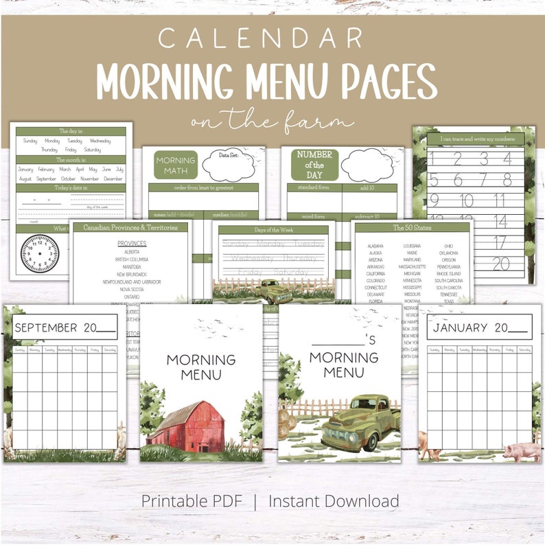 On the Farm Homeschool Morning Menu Pages – Calendar Printables - Etsy