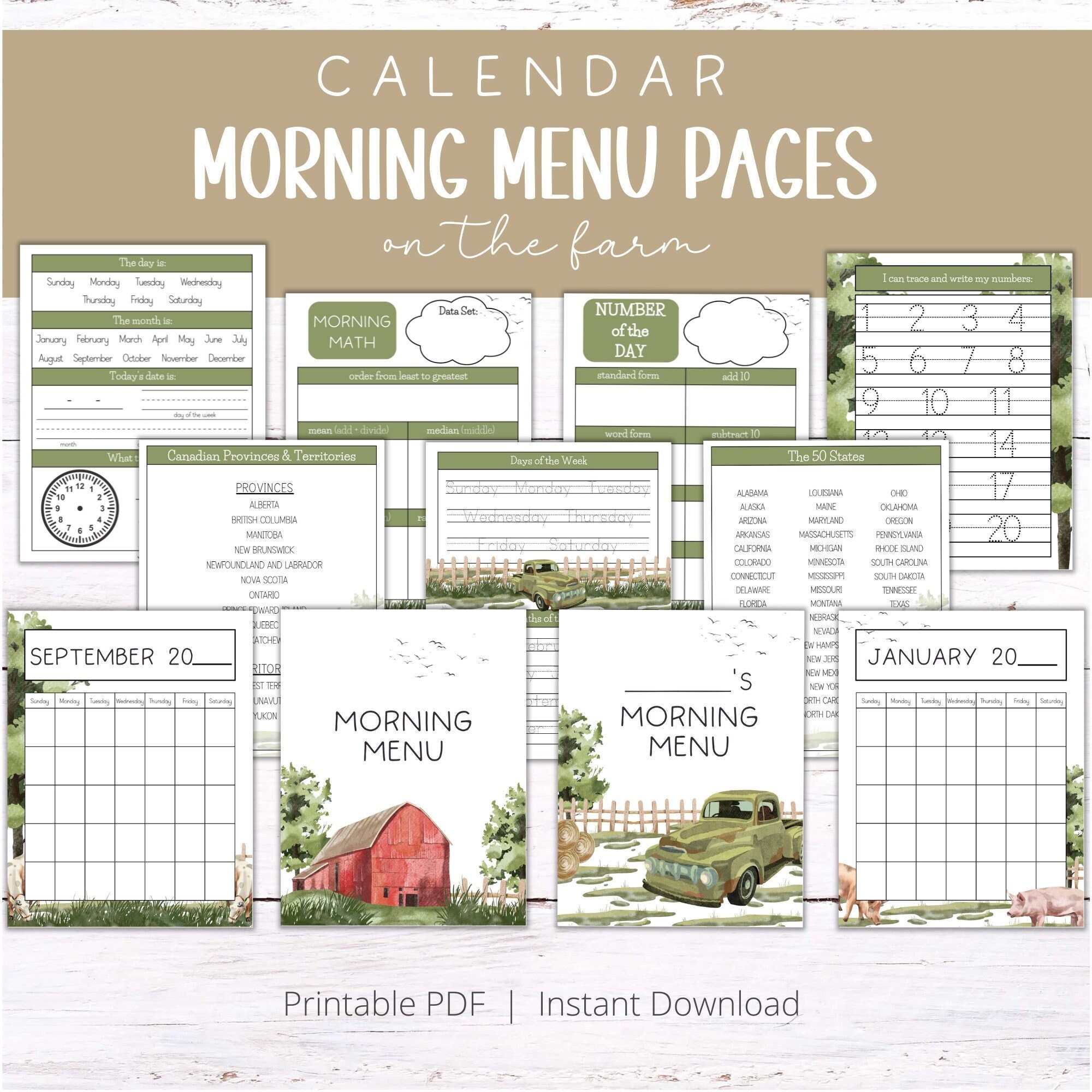On the Farm Homeschool Morning Menu Pages – Calendar Printables - Etsy