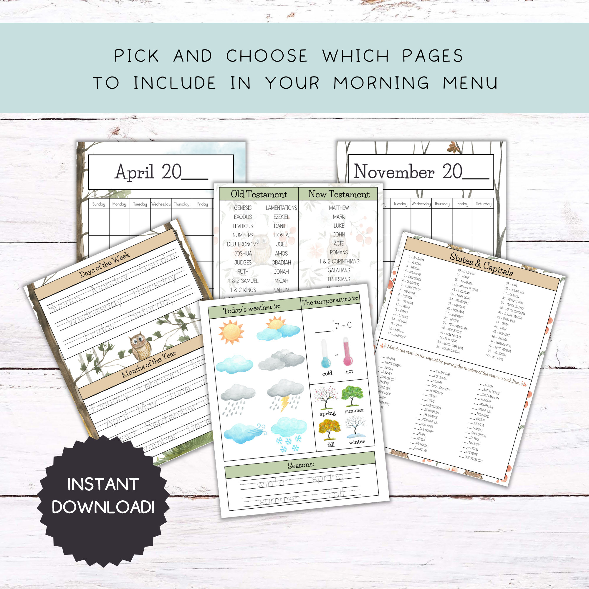 Forest Homeschool Morning Menu Pages - Calendar & Copywork (PDF) - Etsy