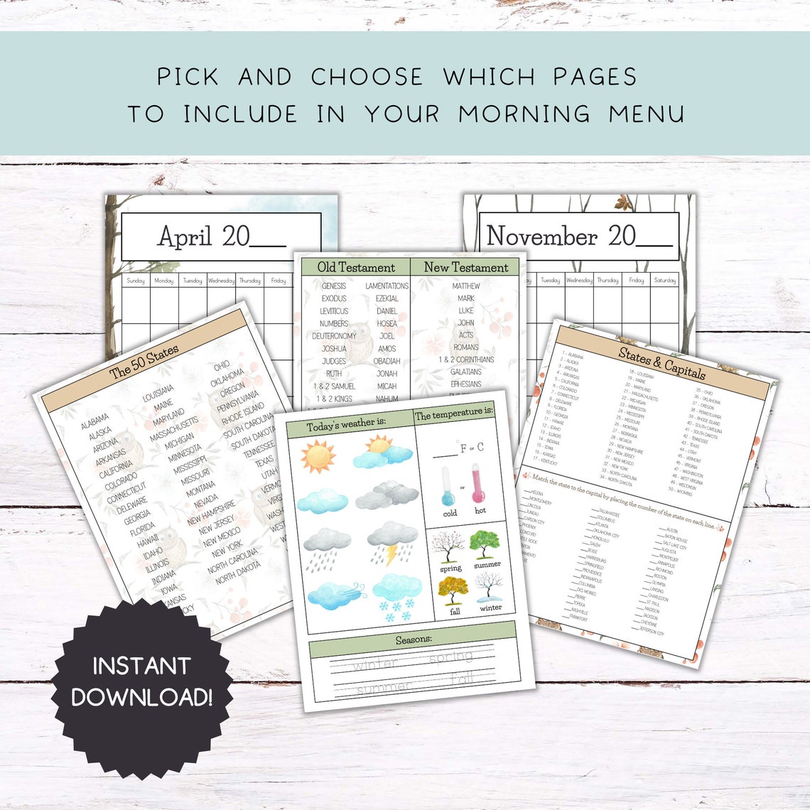 Morning Menu Pages Forest Design Calendar Pages - Etsy