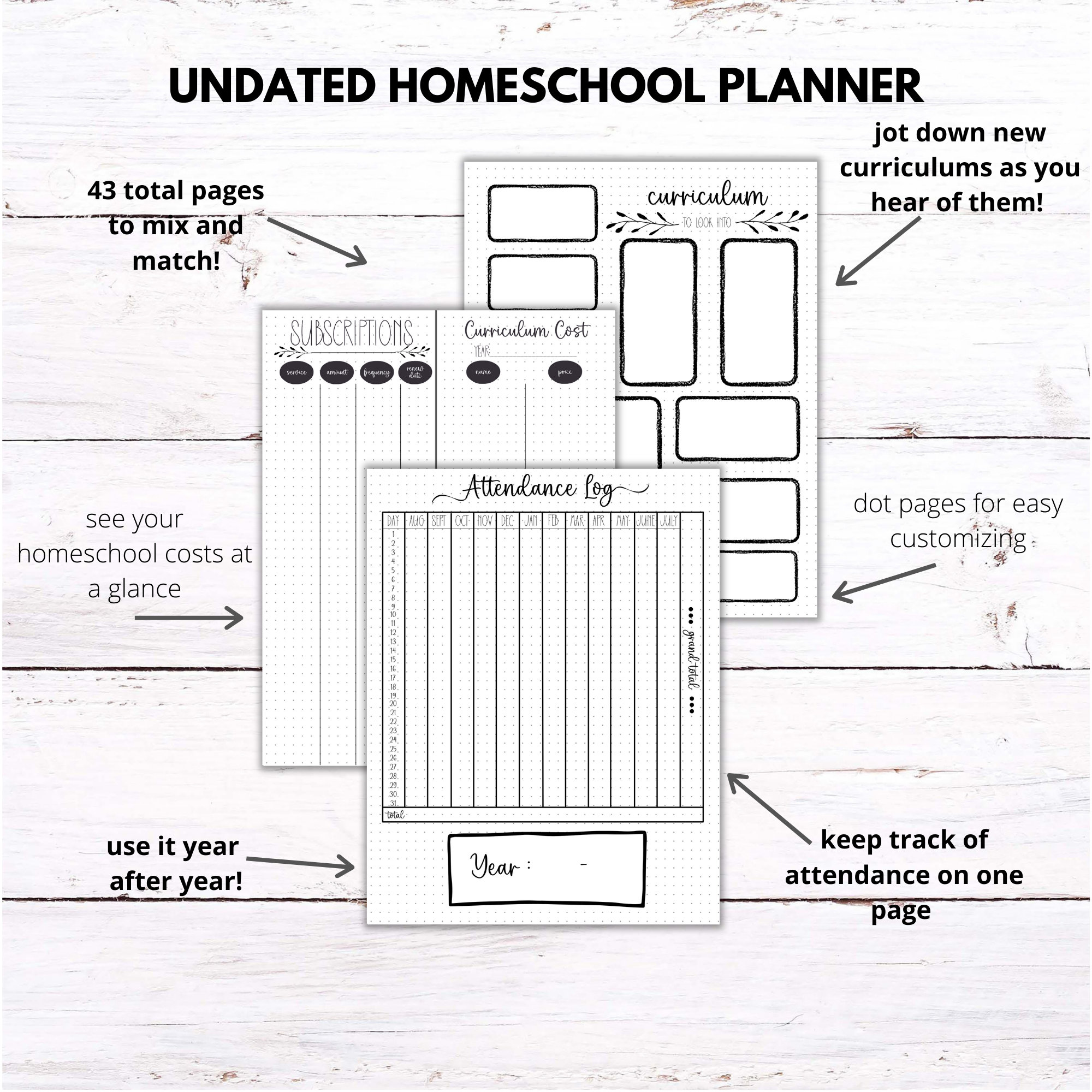 Printable Homeschool Planner Black & White Interior Dot Journal Planner ...