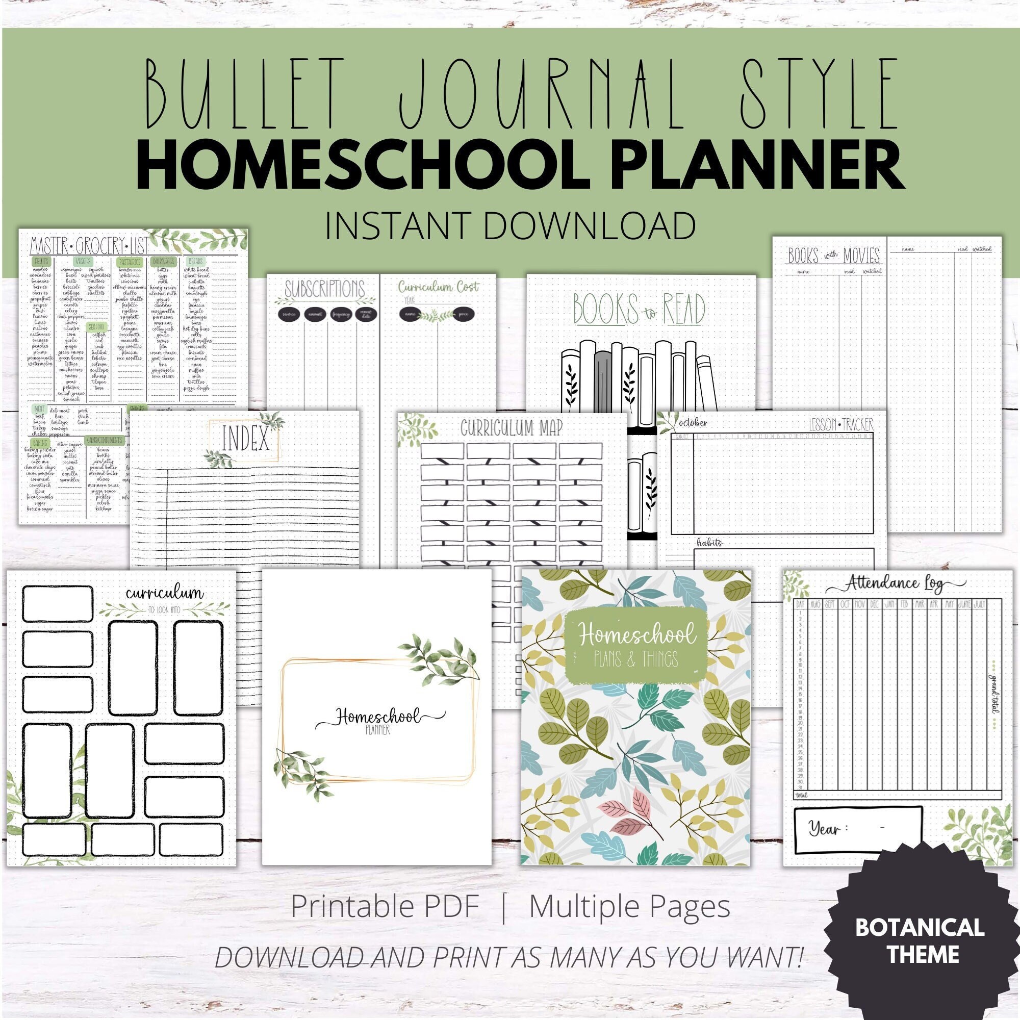 Botanical Printable Homeschool Planner Dot Journal Planner Bullet ...