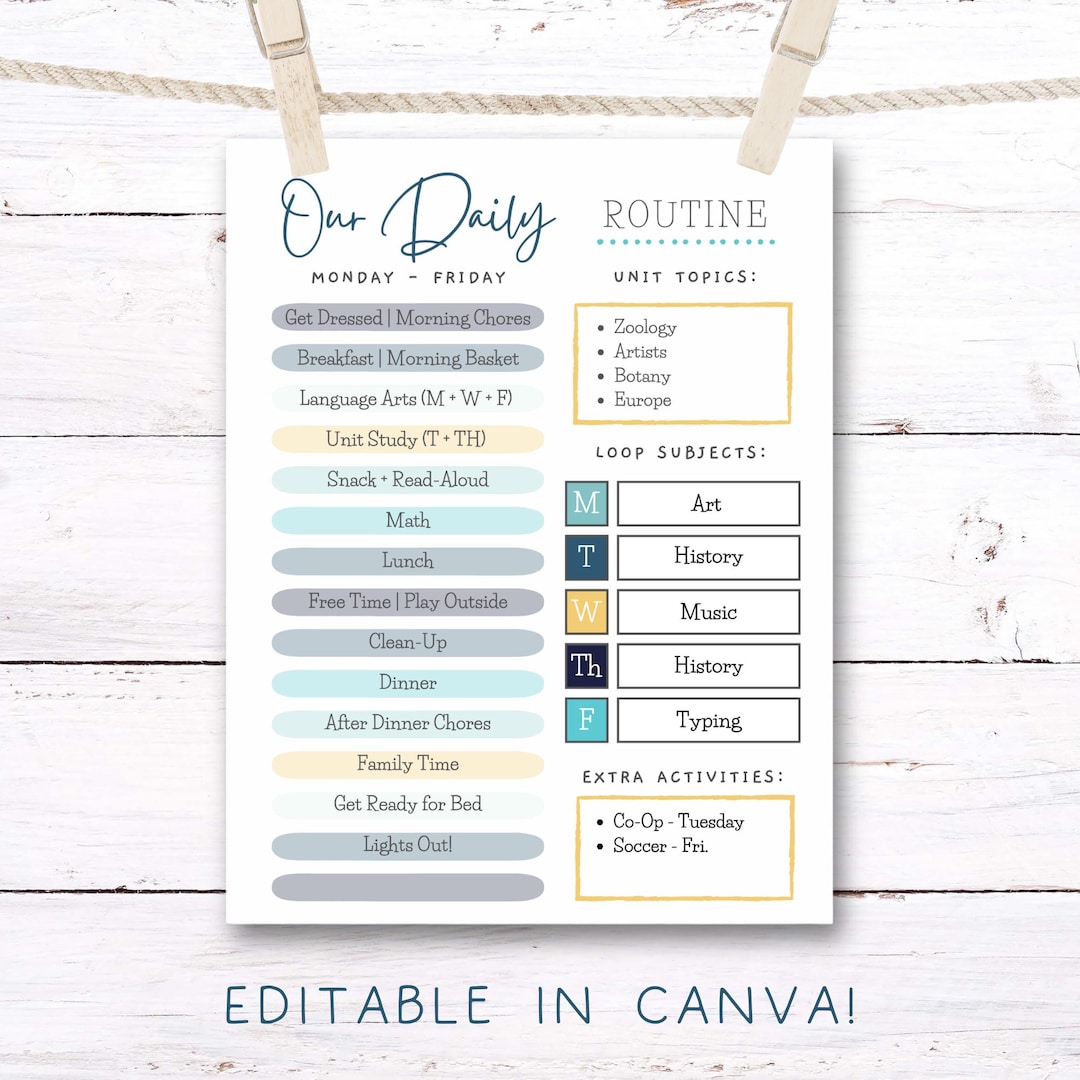 Daily Routine Template | Editable in Canva | Homeschool Routine | Daily ...