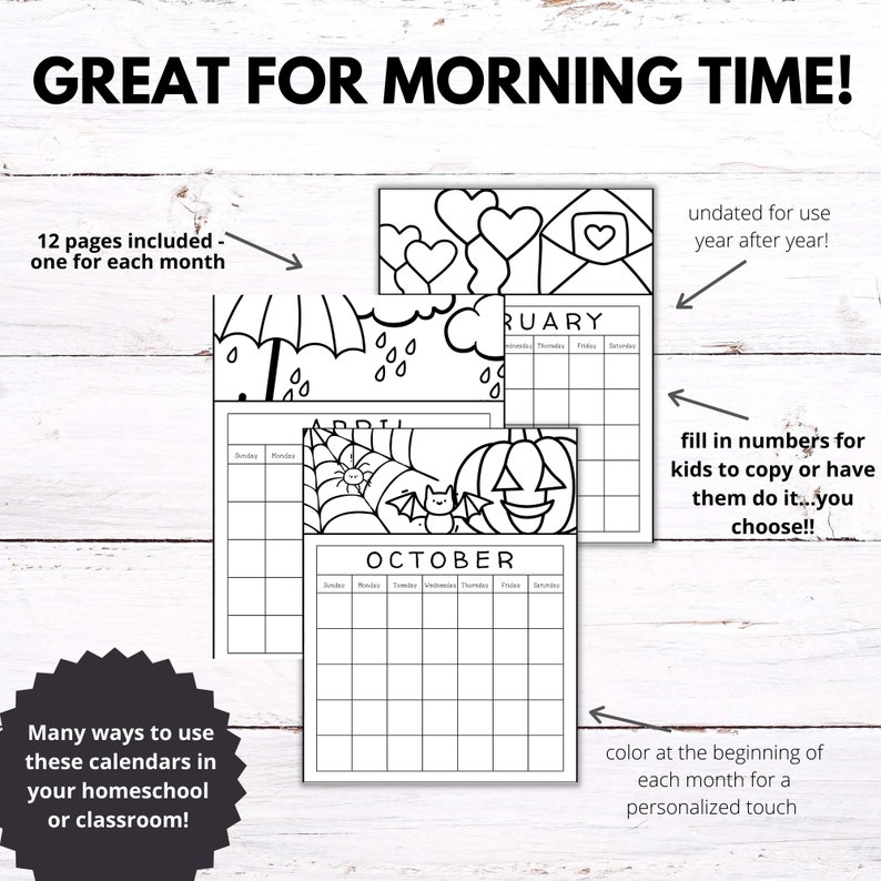 Monthly Calendar Set | Coloring Calendar | Homeschool Morning Menu ...