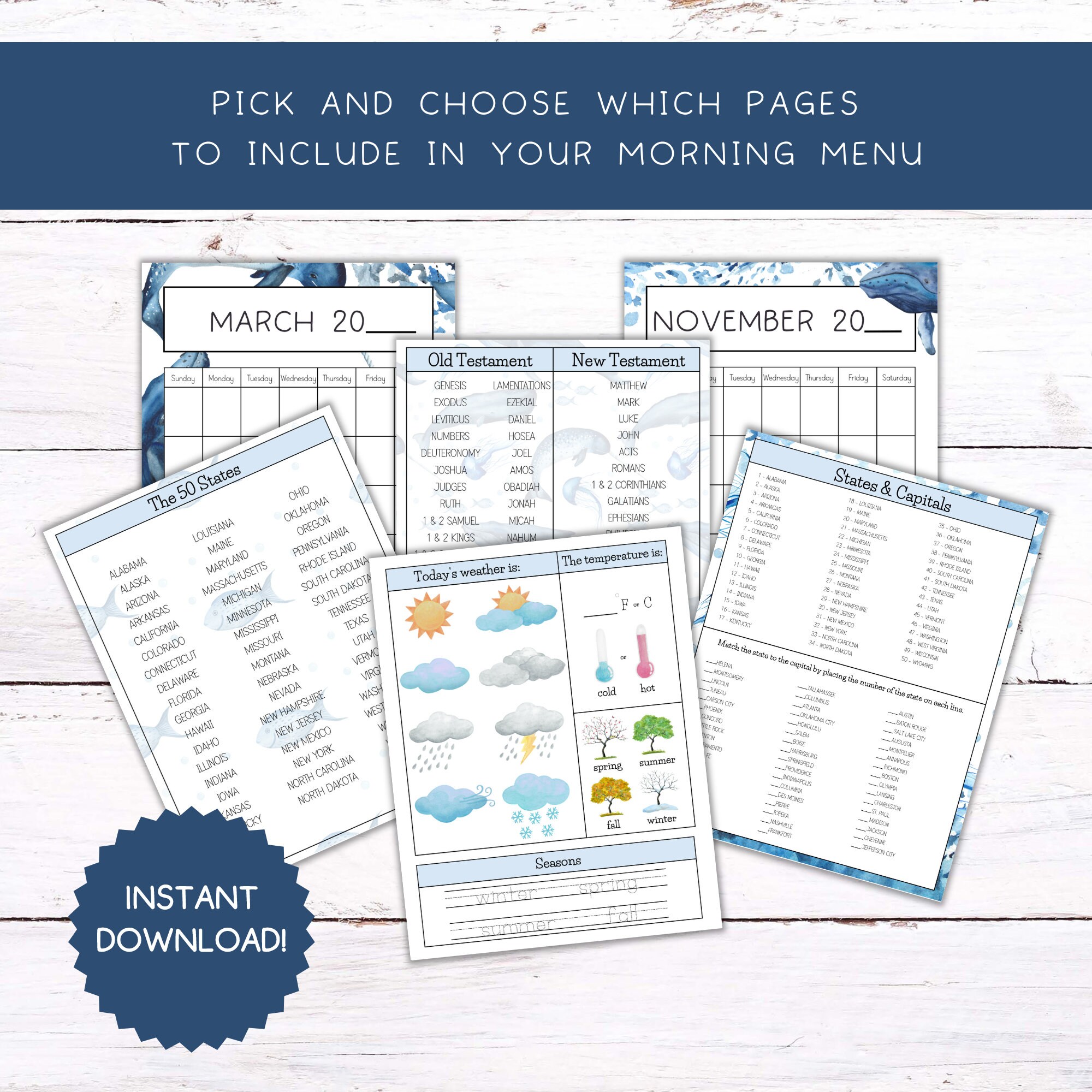 Blue Ocean Homeschool Morning Menu | Calendar Pages (PDF) - Etsy