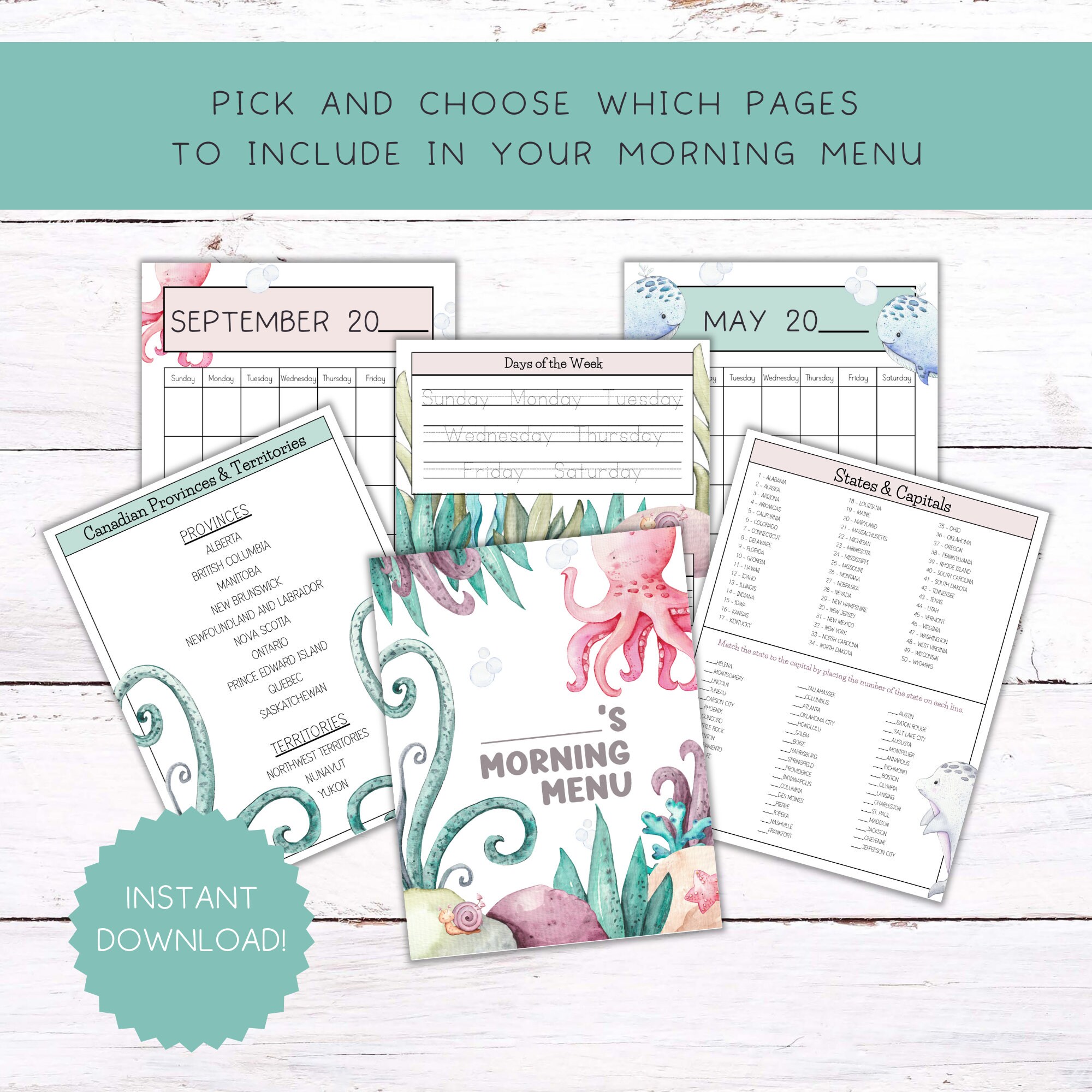 Morning Menu Pages Under the Sea Calendar Pages Homeschool Morning Menu ...