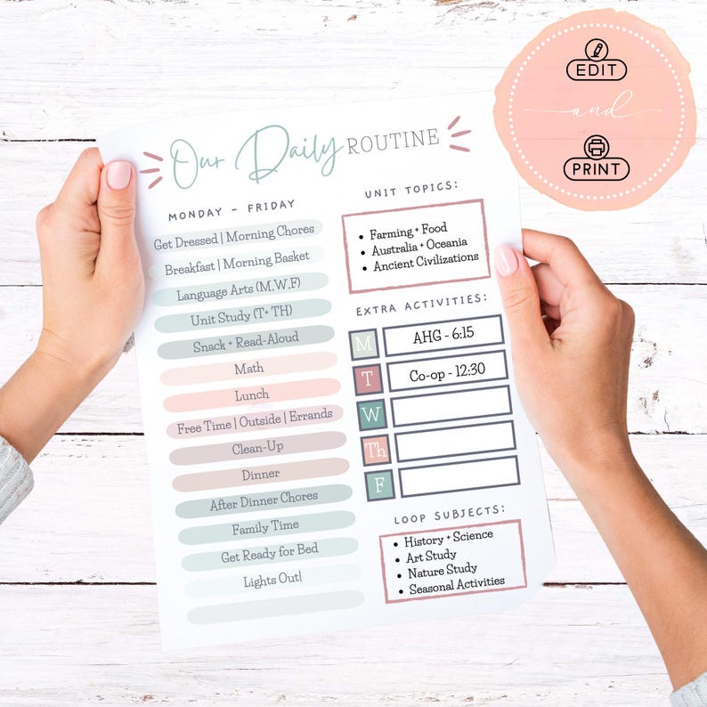 Daily Routine Template | Editable in Canva | Homeschool Routine | Daily ...