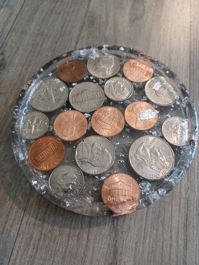 Handmade Round Resin Coaster Decorated With Pennies, Nickels, Dimes ...