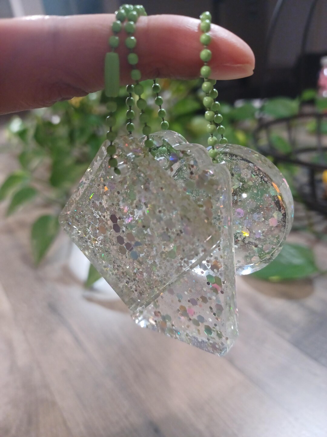 Set of 3 Silver Glitter Keychains With Green Beaded Ball Chains - Etsy