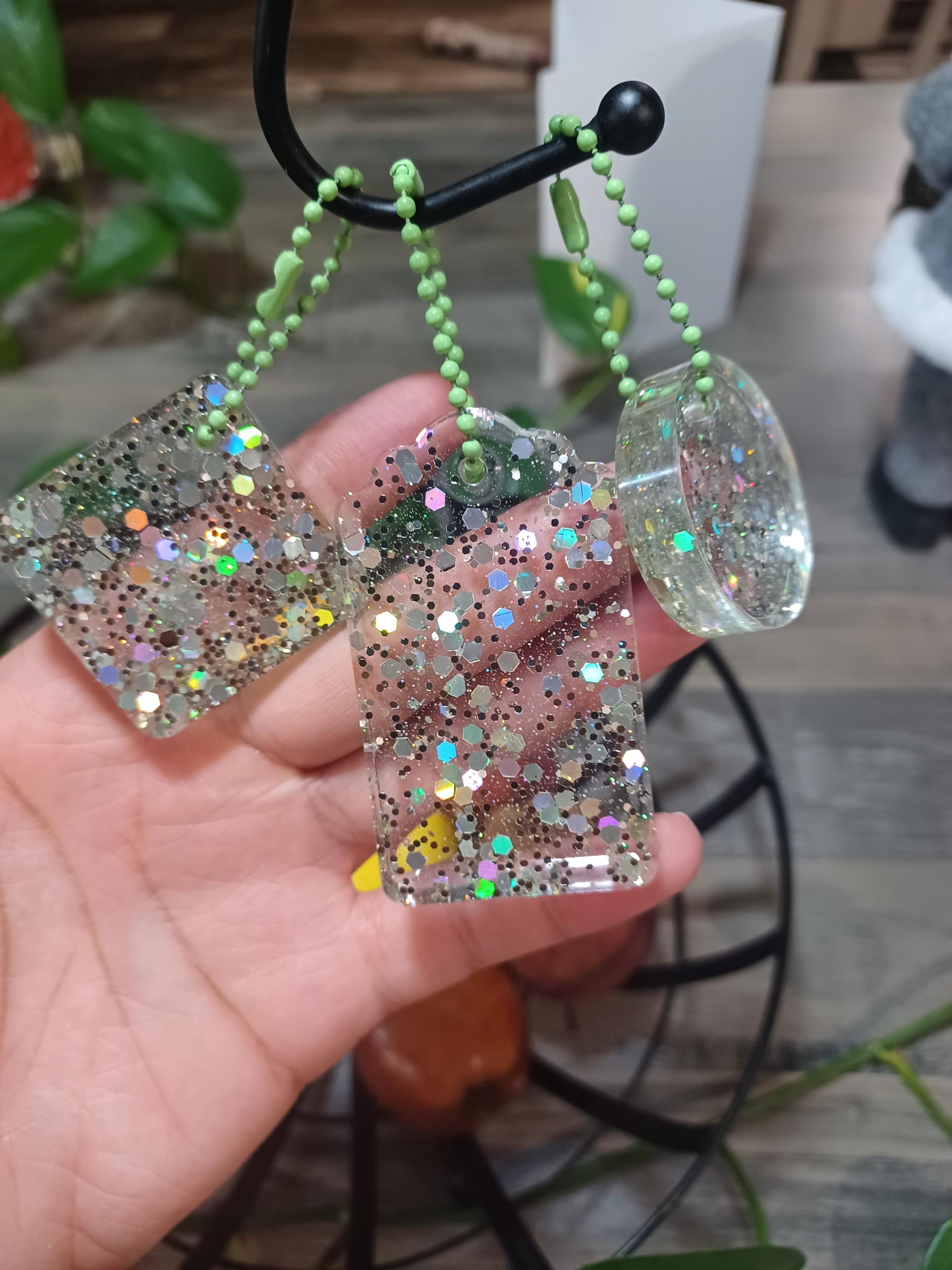 Set of 3 Silver Glitter Keychains With Green Beaded Ball Chains - Etsy