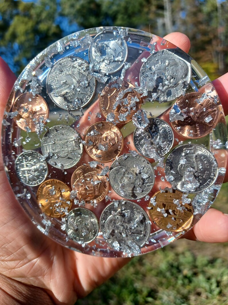 Handmade Round Resin Coaster Decorated With Pennies, Nickels, Dimes ...