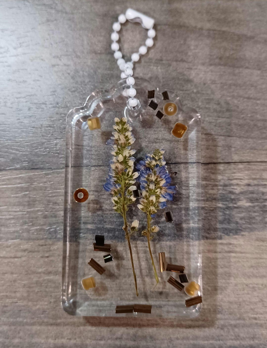 Dried Blue & White Flower Keychain With White Beaded Ball Chain - Etsy