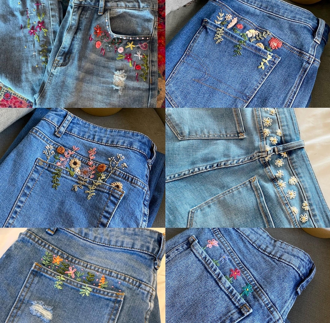 Custom Embroidered Jeans, Personalized Floral Denim, Cottagecore Jeans ...