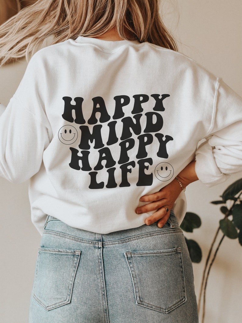 Happy Mind Happy Life, Aesthetic Hoodie, Words on Back, Smiley Face ...