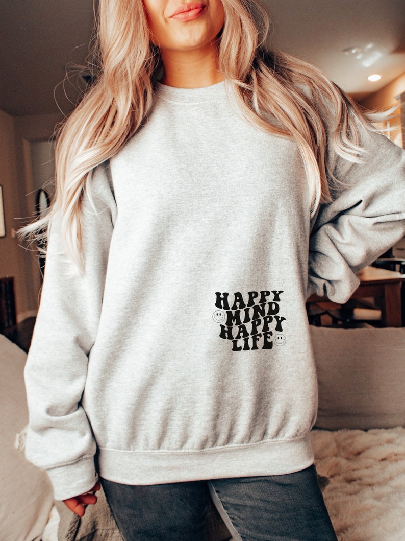 Happy Mind Happy Life, Aesthetic Hoodie, Words on Back, Smiley Face ...