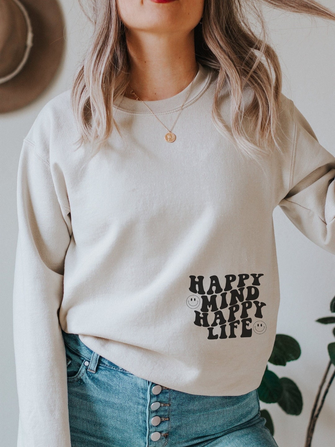 Happy Mind Happy Life, Aesthetic Hoodie, Words on Back, Smiley Face ...