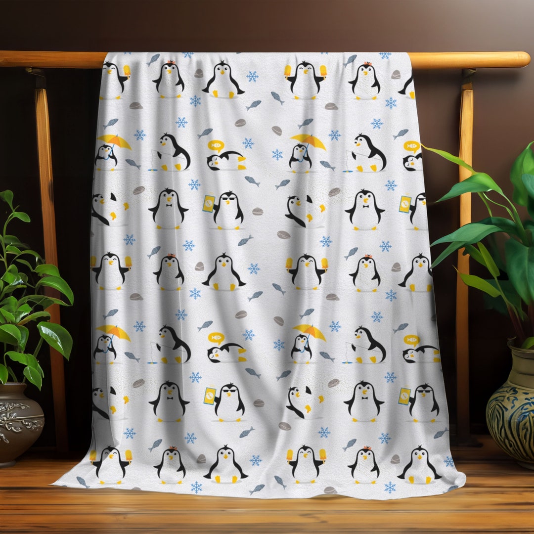 Penguin Pebble Blanket | Cute Penguin Pattern Fabric | Zookeeper Gift | 30x40 50x60 60x80 ...