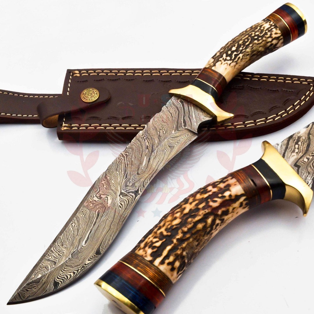 Personalized 10 Inch Damascus Steel Hunting Knife Handle Deer Antler W ...