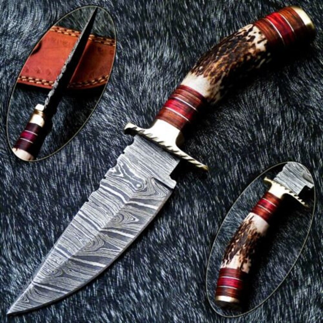 Personalized 8 Inch Damascus Steel Hunting Knife Handle Deer Antler W ...