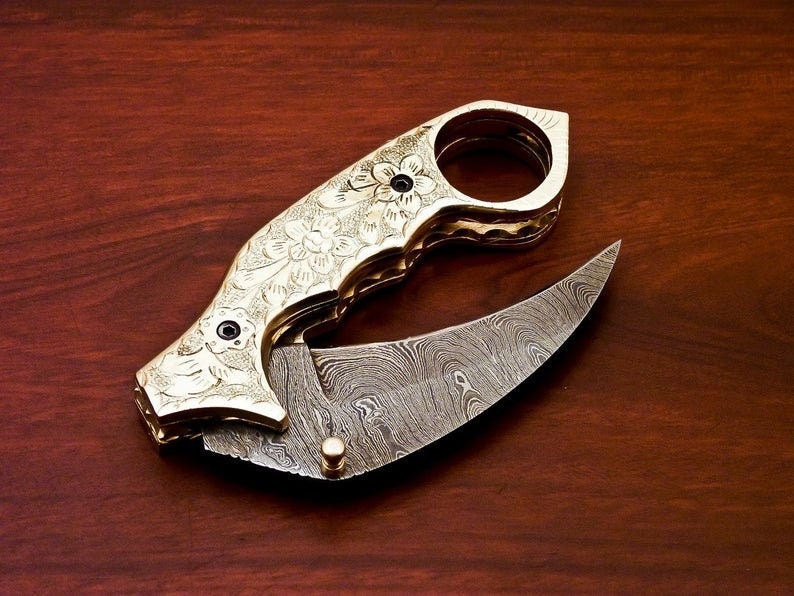 Damascus Folding Pocket Knife Karambit Knife Hunting Knife Handle Brass ...