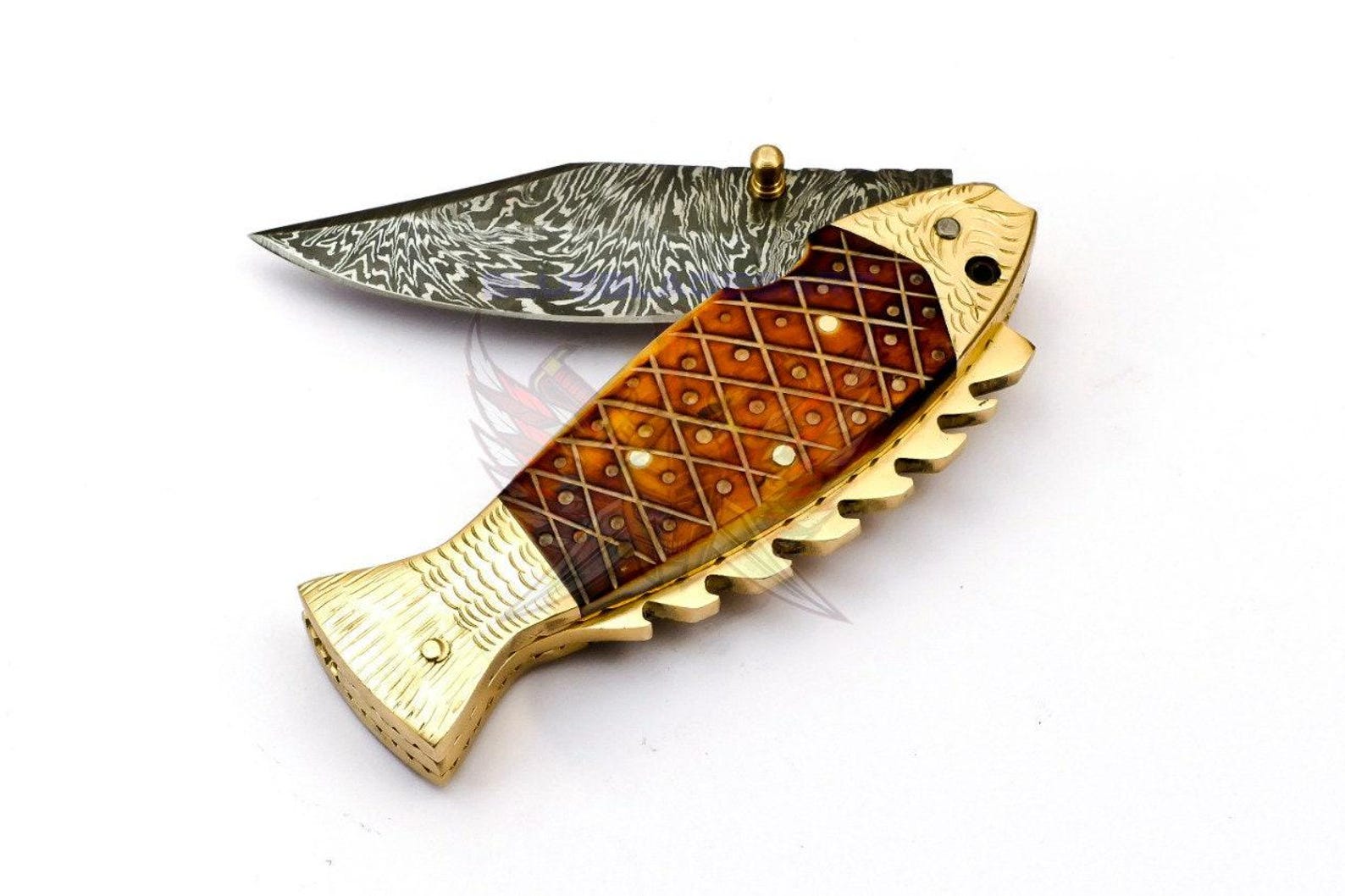 Personalized Custom Damascus Steel Folding Knife Fish Knife Pocket ...
